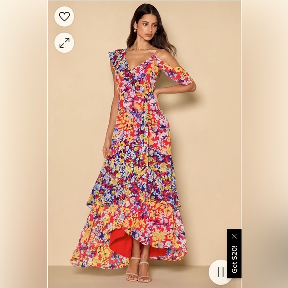 Lulus | Dresses | Radiant Ruby Red Floral Print Chiffon Maxi Dress ...